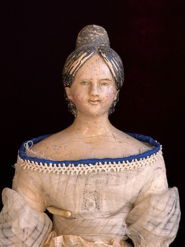 Early Antique German 12” Papier Mache Milliner’s Model Doll with Bun ...